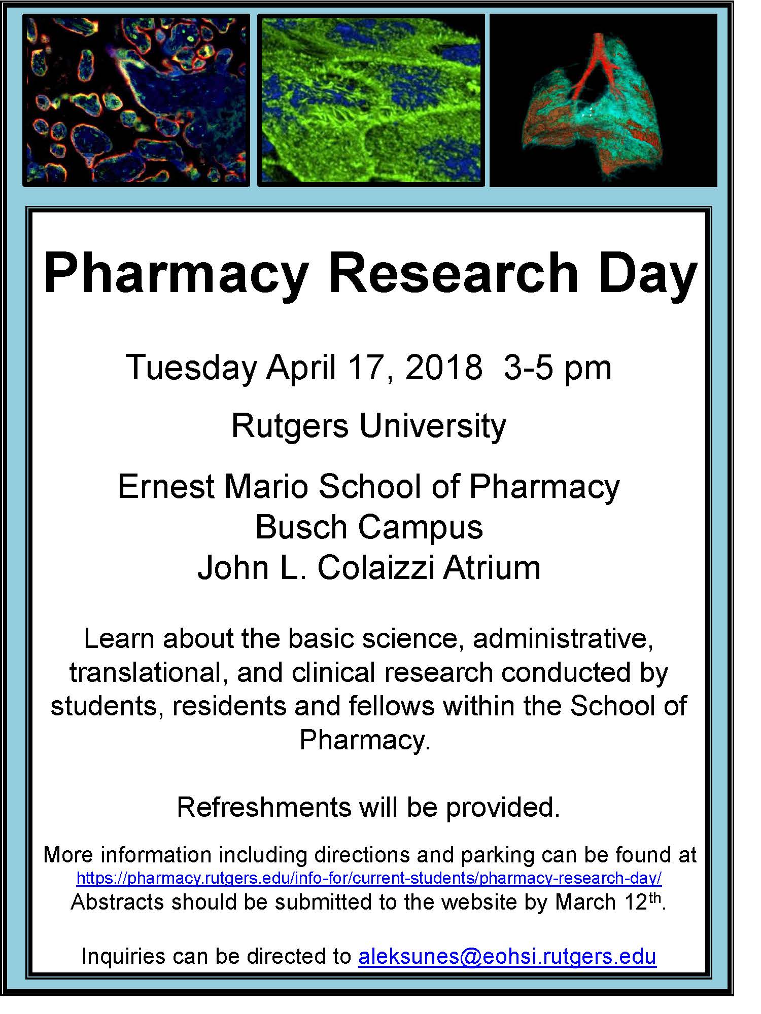 Pharmacy Research Day – Tuesday April 17, 2018 – 3 to 5 PM | EOHSI