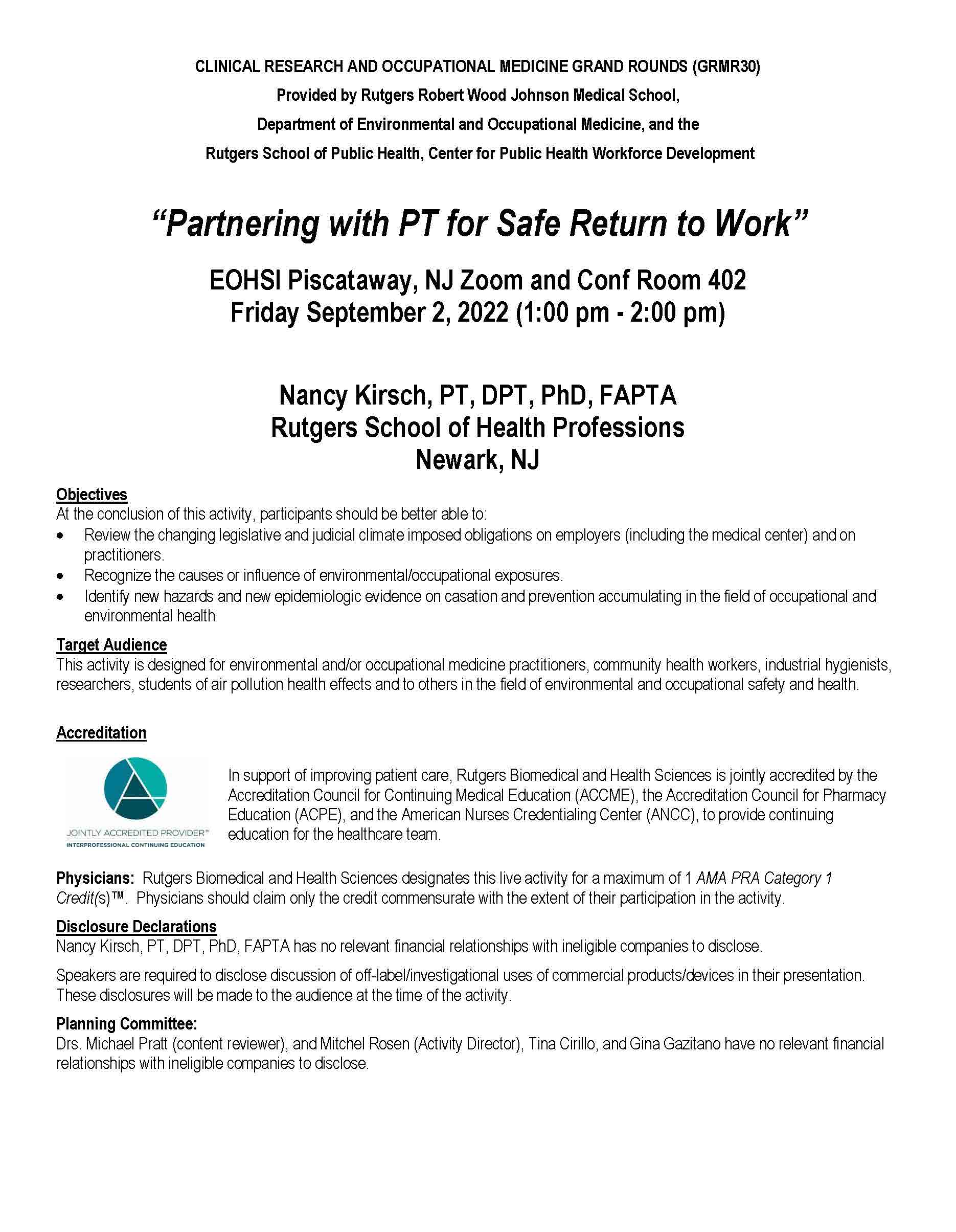 CROM Grand Rounds – Friday, September 2, 2022 – Speaker: Nancy Kirsch ...