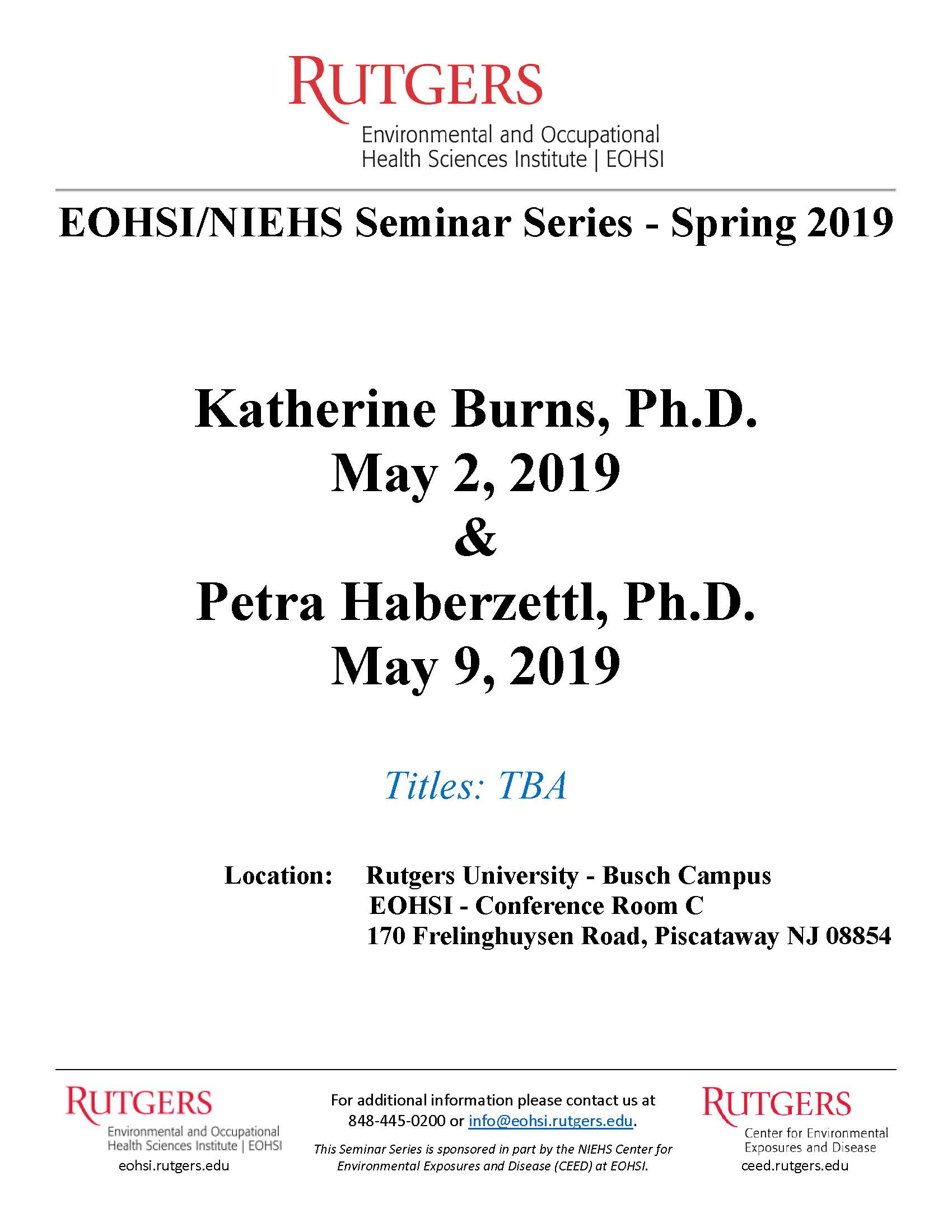 SAVE THE DATE: EOHSI/NIEHS Seminar Series – May 2, 2019 and May 9, 2019 | EOHSI