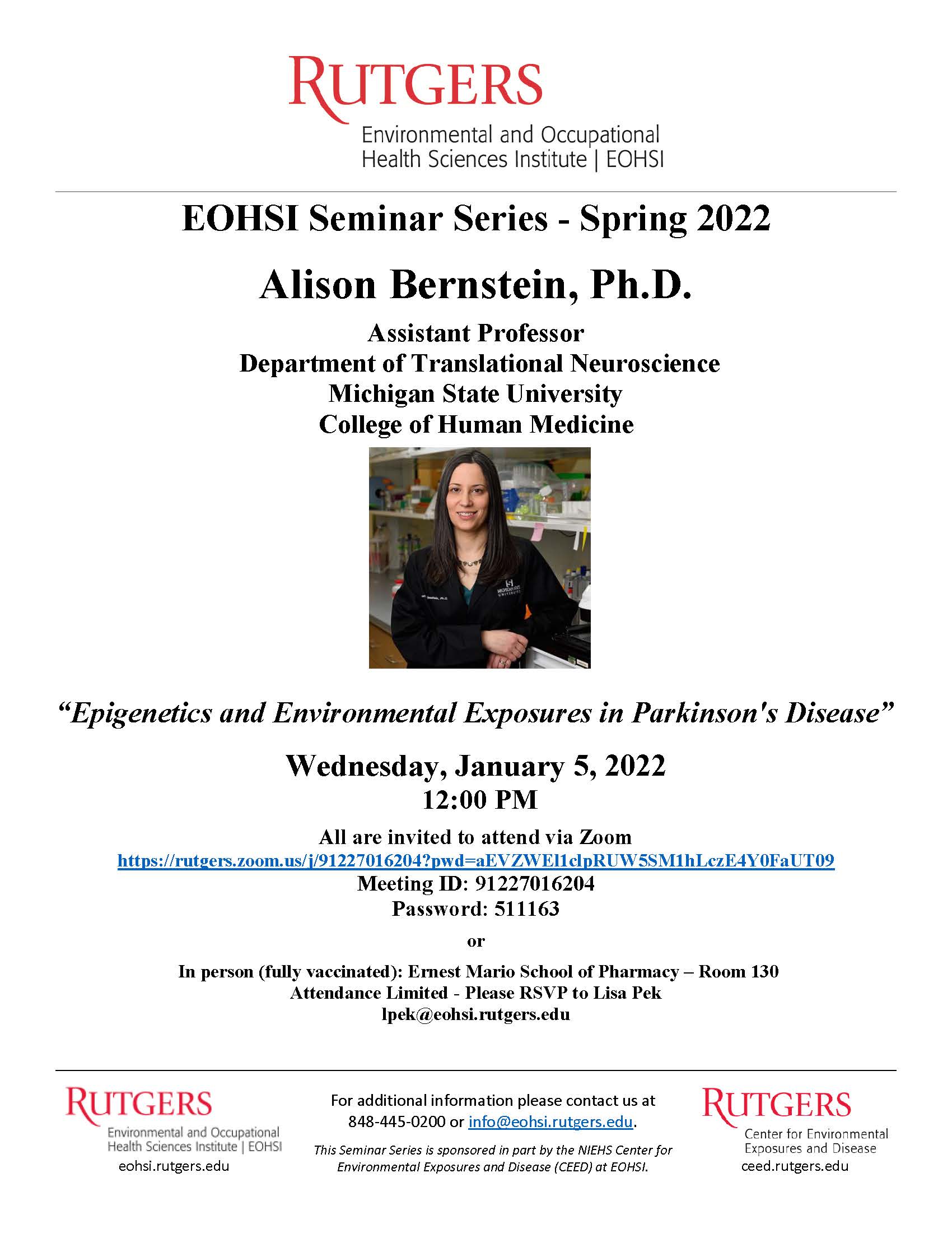 EOHSI Seminar – January 5, 2022- 12:00 PM — Speaker: Alison Bernstein ...